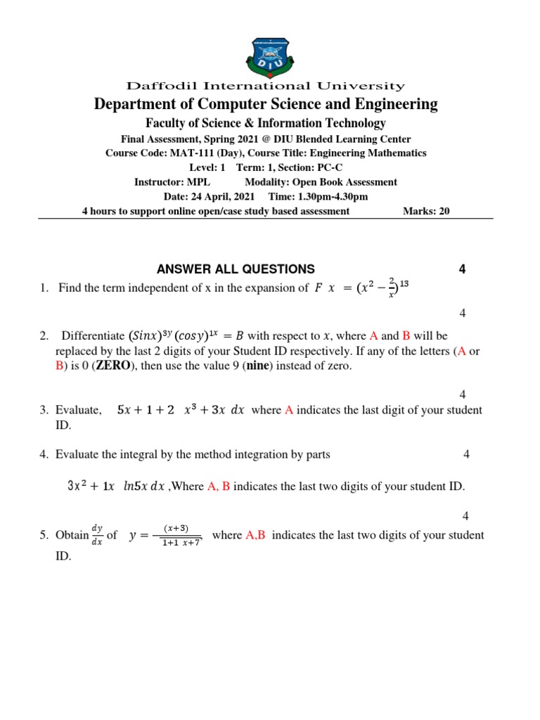 MAT-111 Spring 2021 Final Assessment | PDF