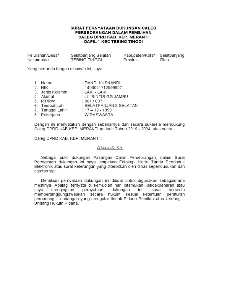 Surat Pernyataan Dukungan Caleg | PDF