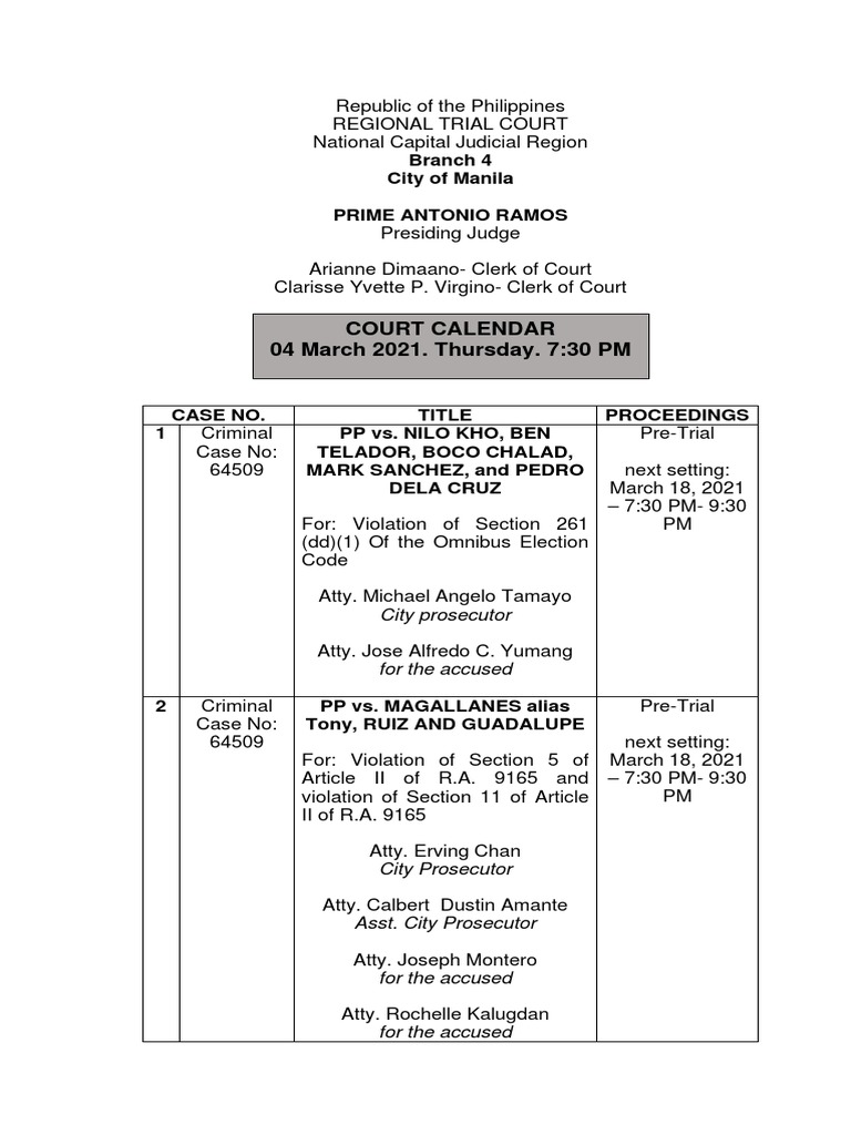 Court - Calendar 031821 | PDF | Legal Organizations | Public Law