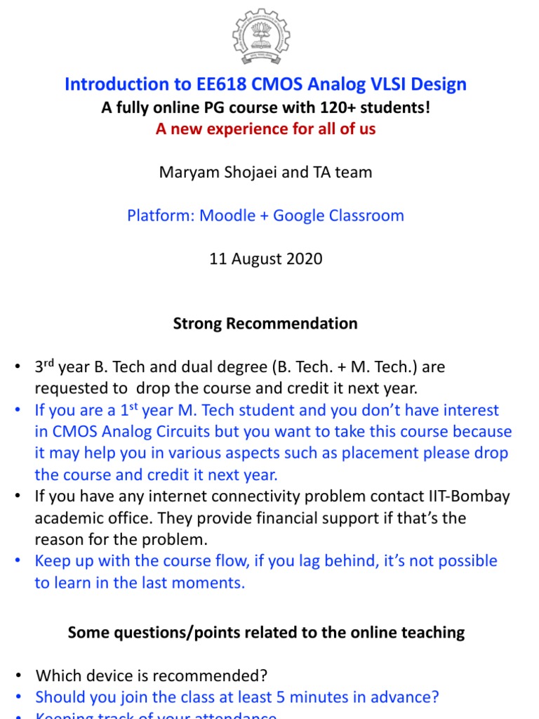 Introduction To EE618 CMOS Analog VLSI Design: A Fully Online PG Course With 120+ Students ...