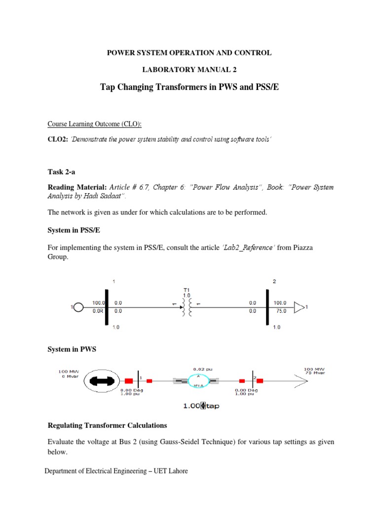 Tap Changing Transformers in PWS and PSS/E: Power System Operation and ...