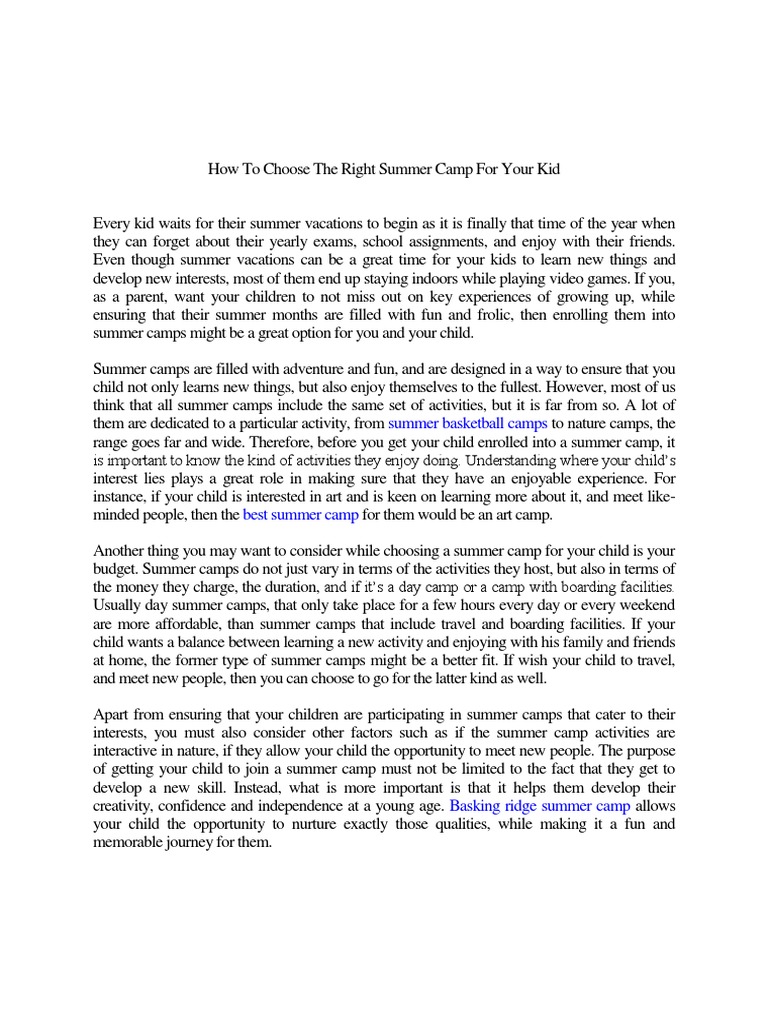 Choosing the Best Summer Camp for Kids | PDF | Human Nature