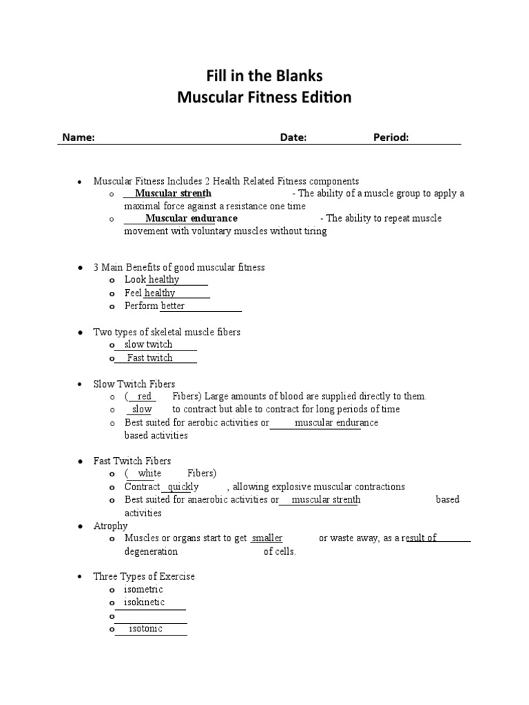 Fill in The Blanks Muscular Fitness Edition: Name: Date: Period | PDF ...