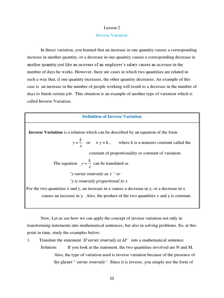 Definition of Inverse Variation | PDF | Variable (Mathematics) | Equations
