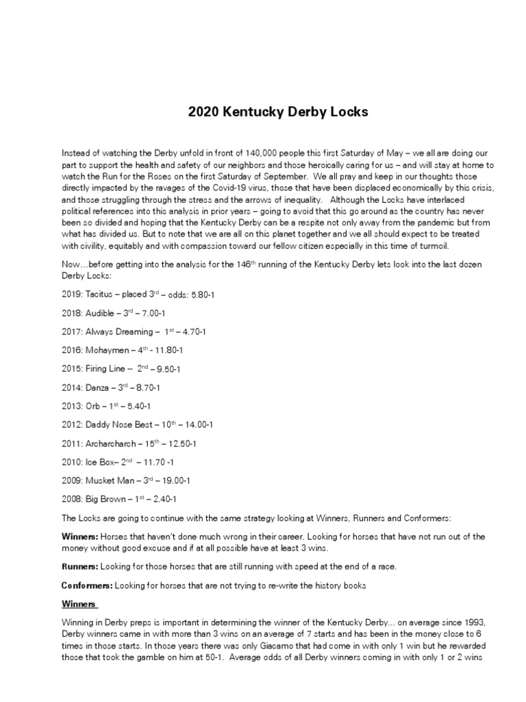 2020 Kentucky Derby Analysis and Picks | PDF | Individual Horses | Horses