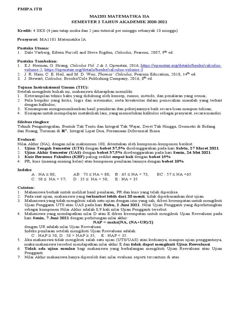 Silabus Kalkulus IIA (2-2020) - Reguler | PDF