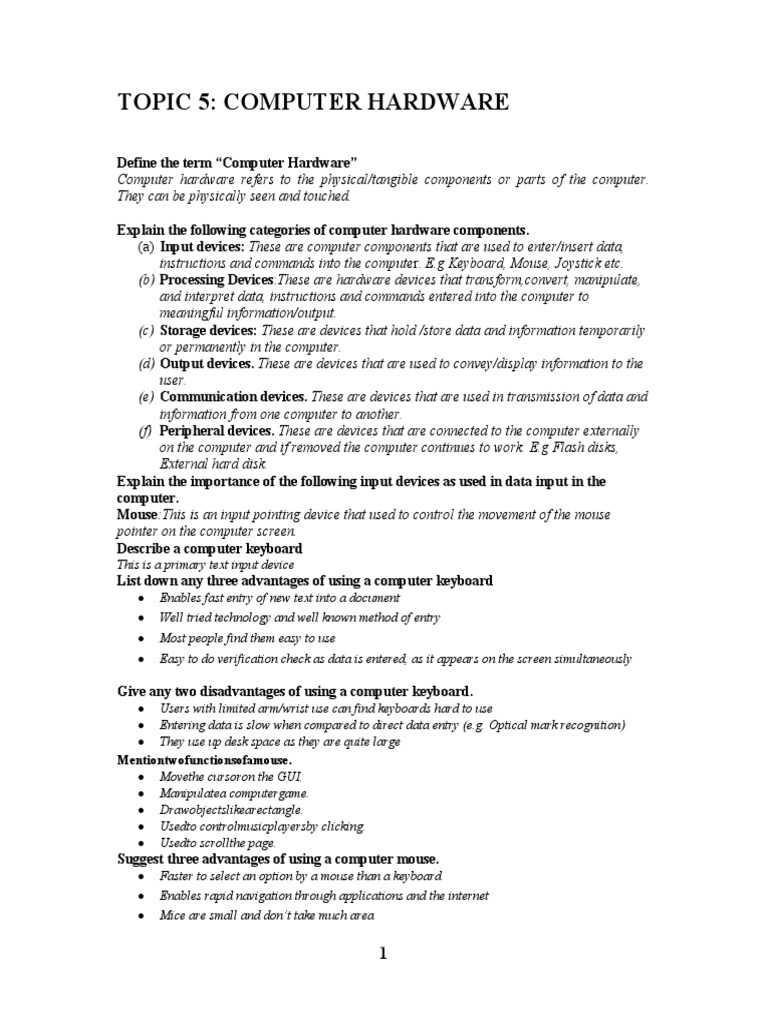 Topic 5: Computer Hardware: (A) Input Devices: These Are Computer ...
