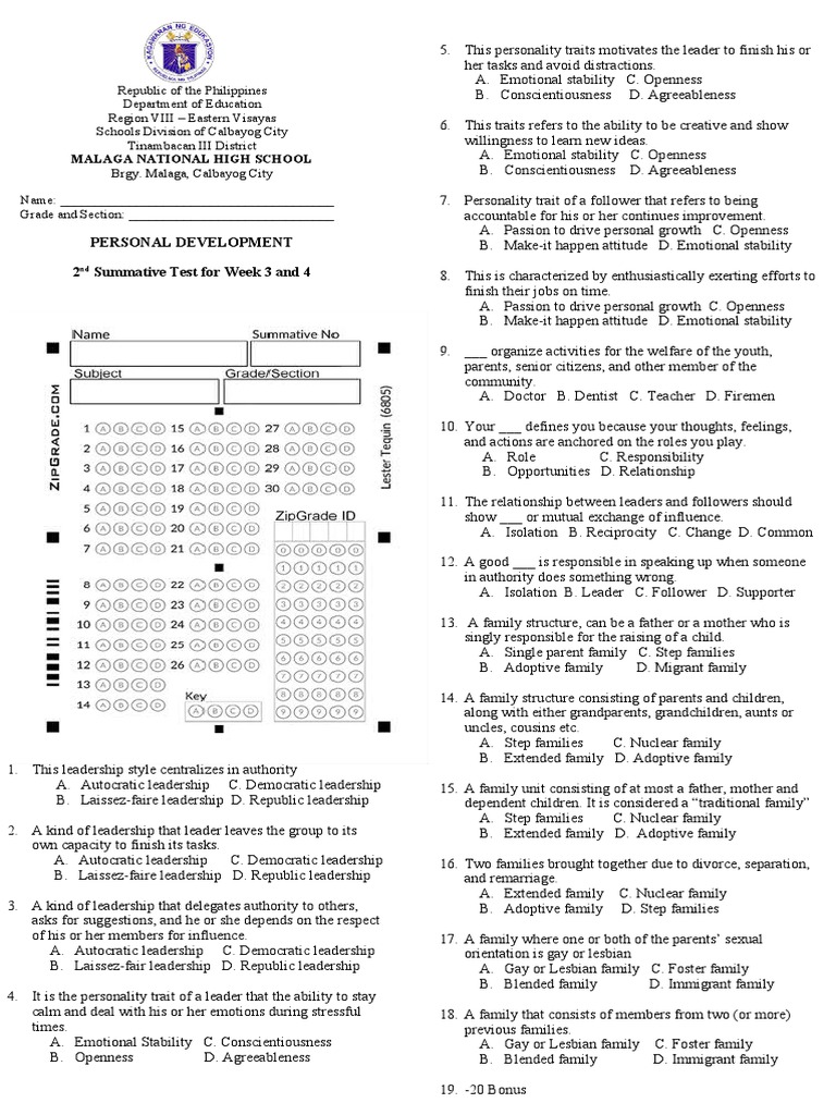 Personal Development 2 Summative Test For Week 3 and 4: Malaga National ...