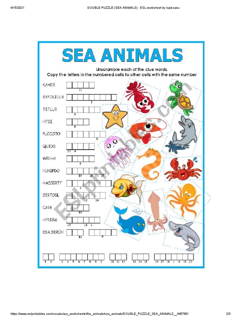 DOUBLE PUZZLE (SEA ANIMALS) - ESL Worksheet by Lupiscasu | PDF