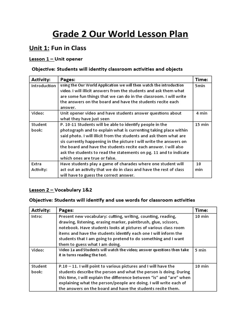 Grade 2 Our World Lesson Plan: Unit 1: Fun in Class | PDF | Worksheet ...