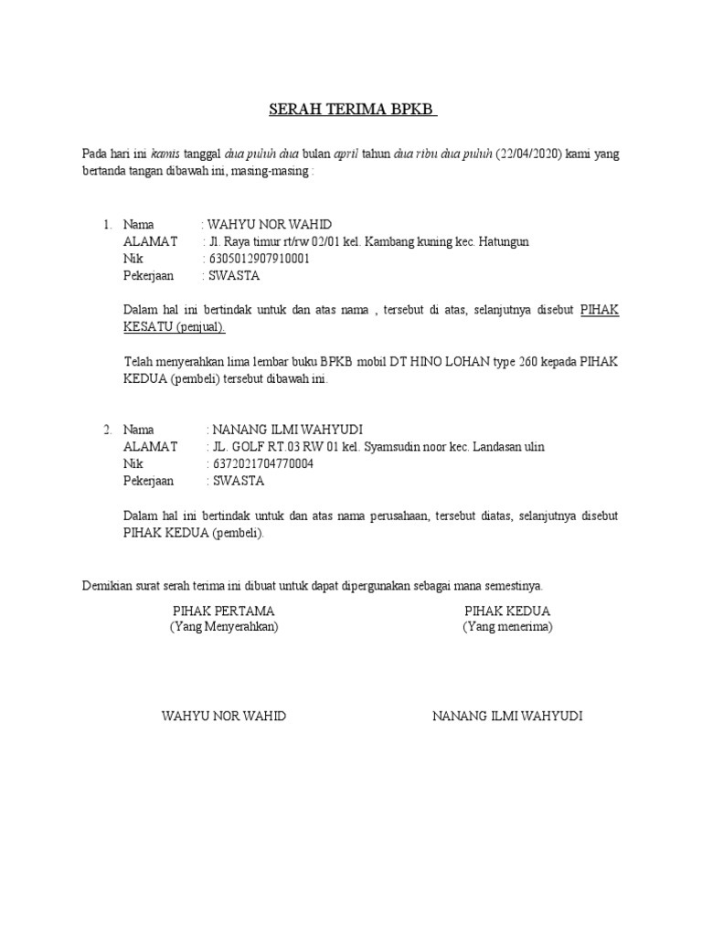 Serah Terima BPKB Aseng | PDF