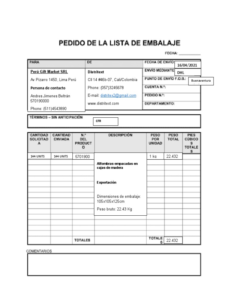 Ejemplo de Lista de Empaque | PDF