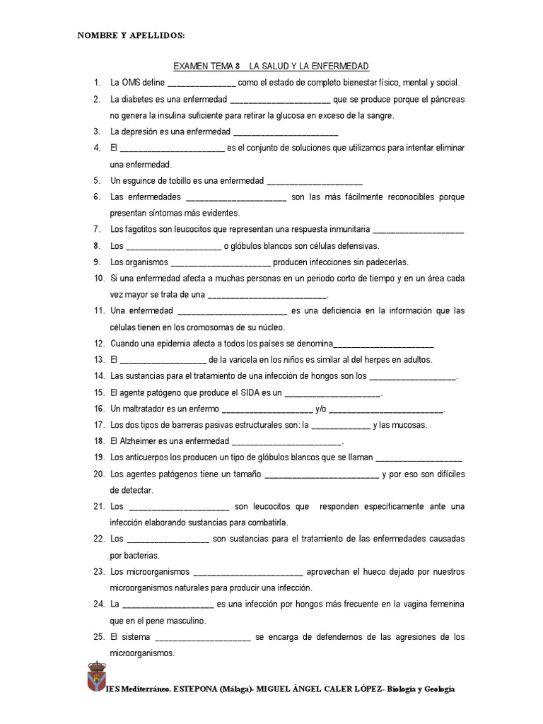Examen Salud y Enfermedad: Conceptos Clave | PDF | Infección | Sistema ...