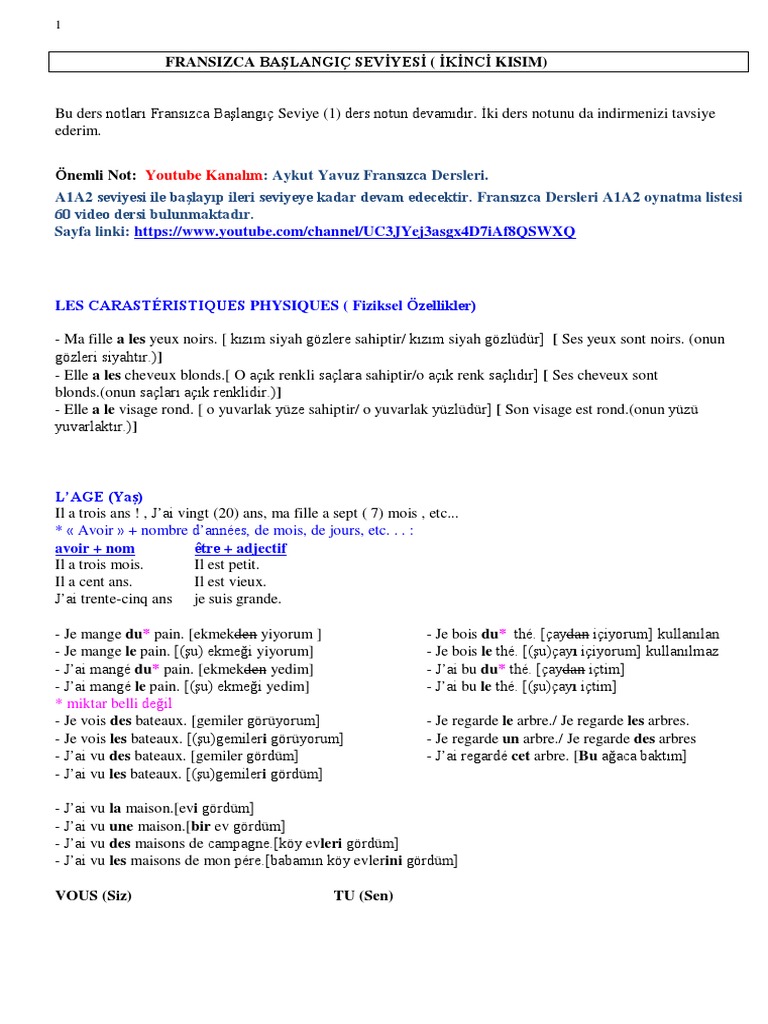 Notes de cours de français A1-A2 | PDF | Genre grammatical | Verbe