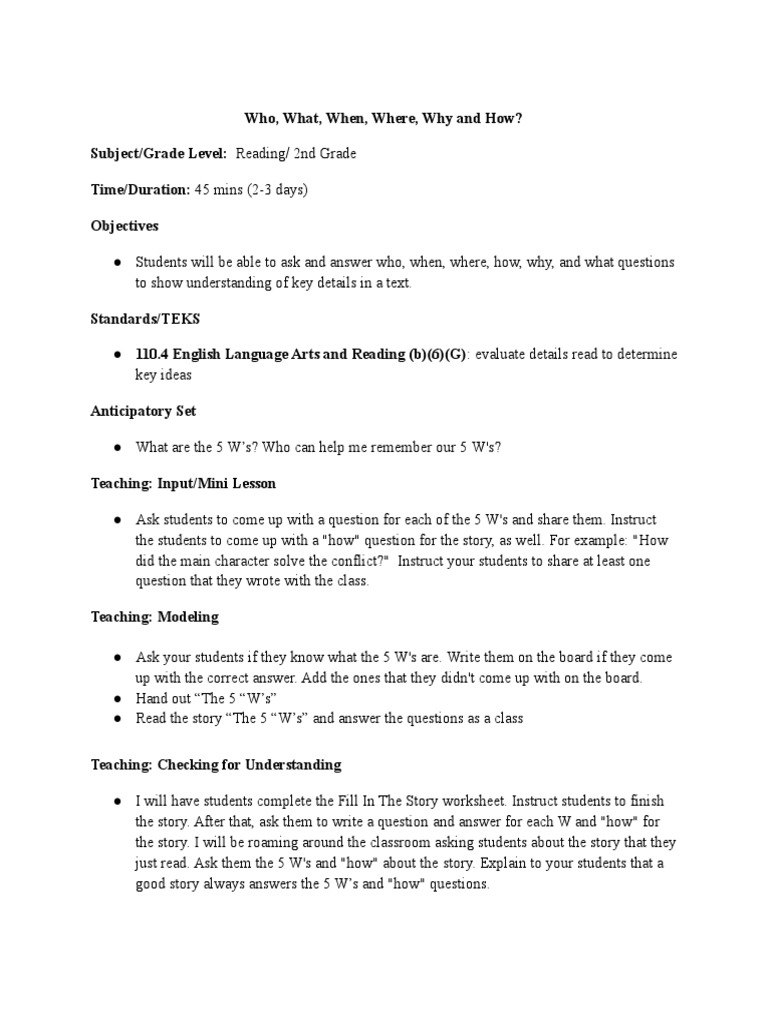 Who What When Where Why and How | PDF | Worksheet | Question