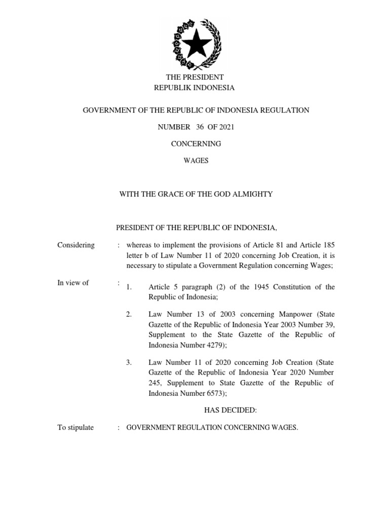 Govt Regulation No 36 Year 2021 - Wages | PDF | Bankruptcy | Overtime