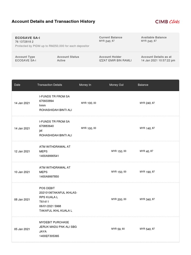 Account Details and Transaction History for Izzat Emir Bin Ramli ...
