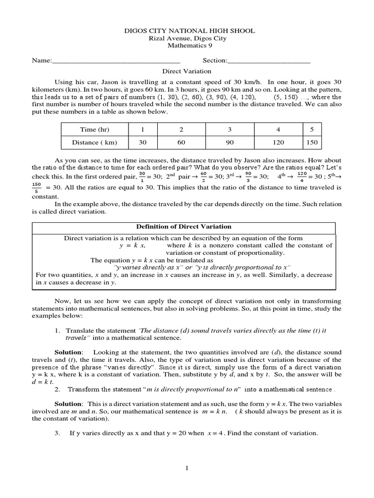 Variation-Direct - Week 1 | PDF | Variable (Mathematics) | Equations