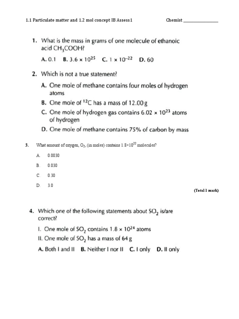 1.1 1.2 Mol Concept IB Assess11 | PDF | Mole (Unit) | Molecules