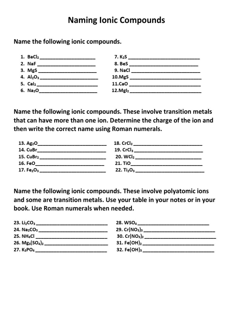 Naming Ionic Compounds Worksheet | PDF | Ion | Molecules