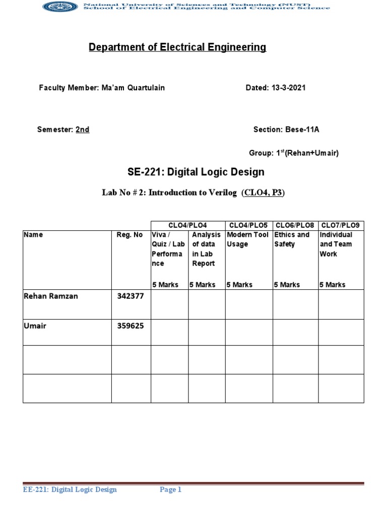 Department of Electrical Engineering: Lab No # 2: Introduction To Verilog (CLO4, P3) | PDF ...