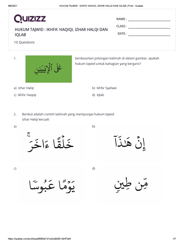 HUKUM TAJWID - IKHFA' HAQIQI, IZHAR HALQI DAN IQLAB - Print - Quizizz | PDF