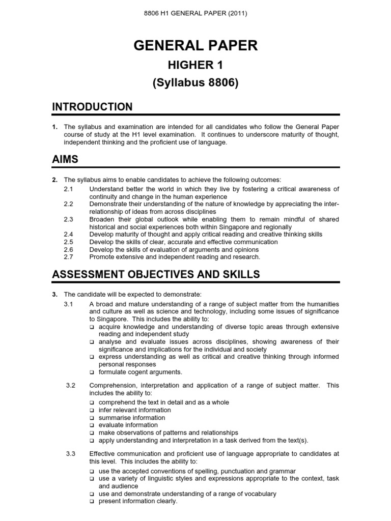 SEAB 8806 - 2011 H1 GP Syllabus | PDF | Reading Comprehension ...