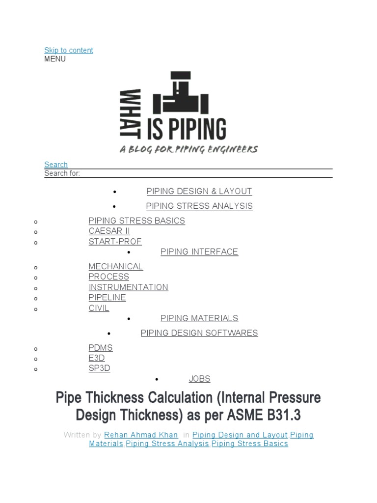 Pipe Thickness Calculation As Per Asme B31.3 – UNEB