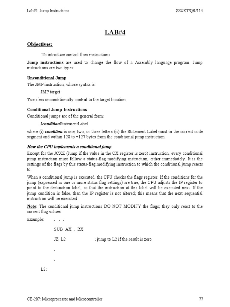 Objectives:: Lab#4: Jump Instructions SSUET/QR/114 | PDF | Central Processing Unit | Computer ...