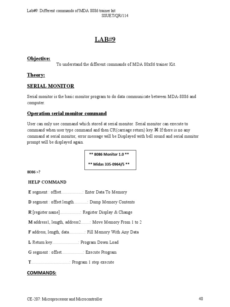 Objective: Theory: Serial Monitor: Lab#9: Different Commands of MDA 8086 Trainer Kit SSUET/QR ...