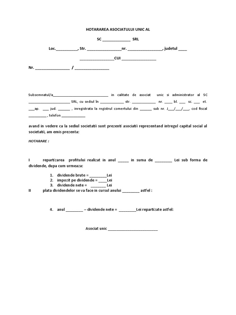 Model AGA Dividende Asociat Unic | PDF