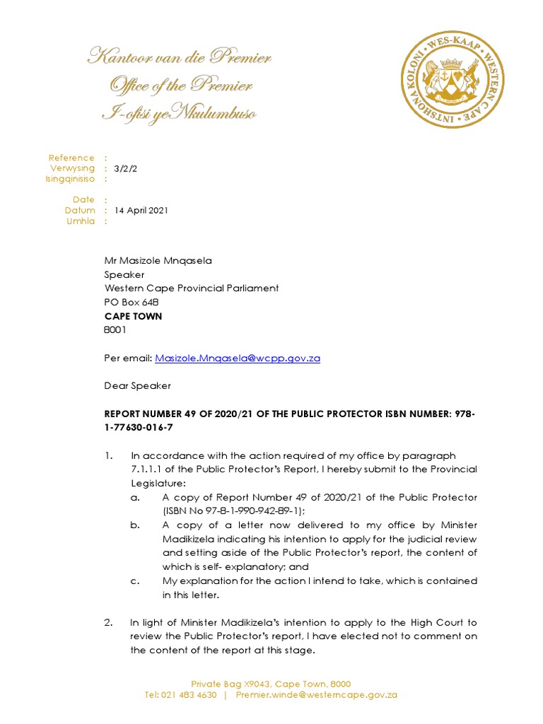 OTP Letter Min Madikizela Speaker AW | PDF | Constitutional Law ...