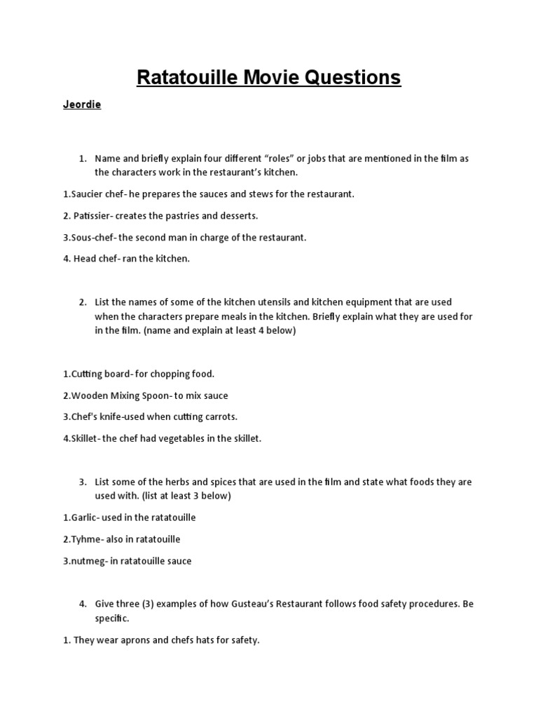 Ratatouille Movie Questions | PDF