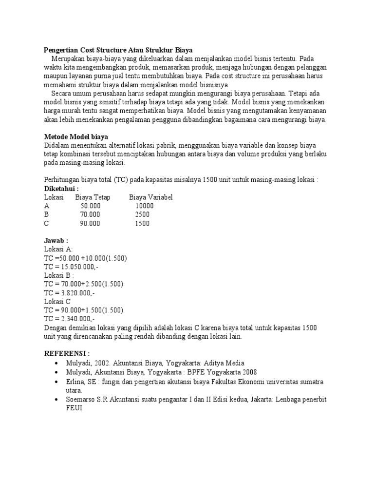 Pengertian Cost Structure Atau Struktur Biaya | PDF