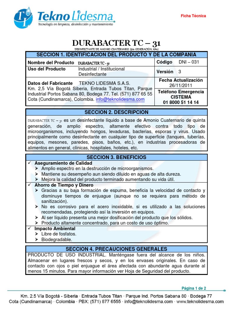 Ficha Tecnica Amonio Cuaternario | PDF | Concentración | Solubilidad