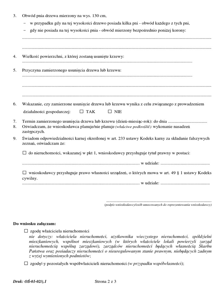 OŚ-01-02 Wniosek o Wydanie Zezwolenia Na Usunięcie Drzew Lub Krzewów-Copy2 | PDF