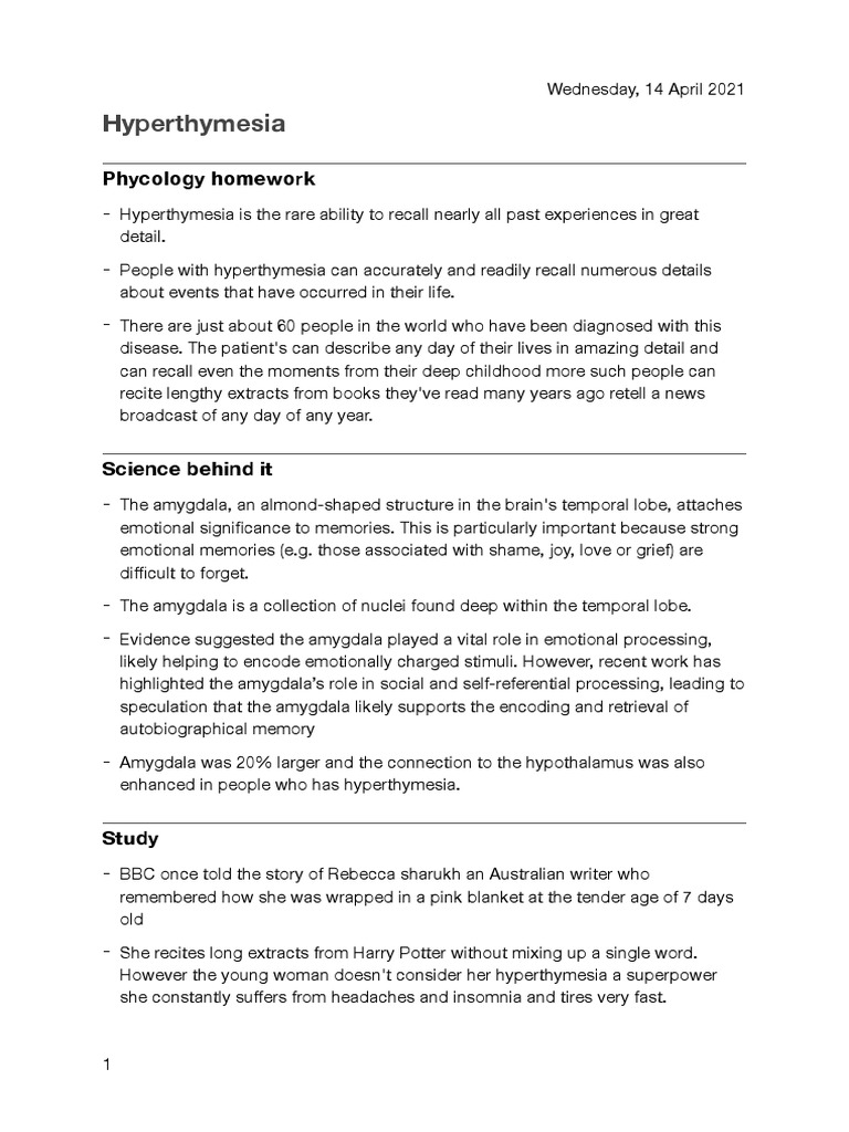 Hyperthymesia: Phycology Homework | PDF