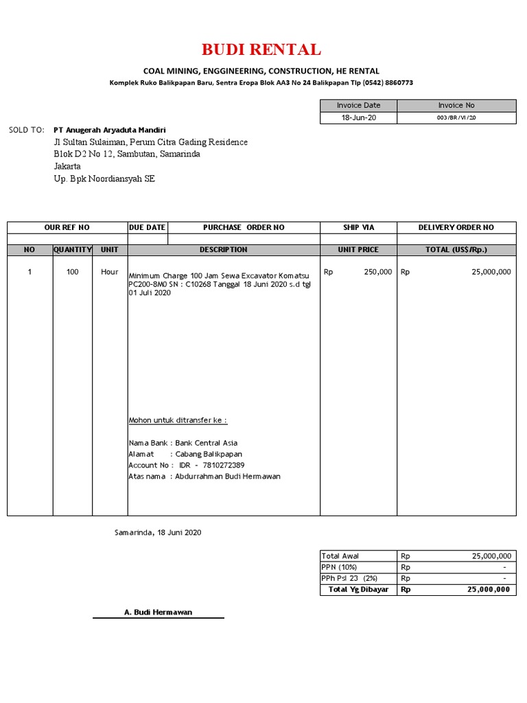 Invoice Form Pc200-Anugerah Aryaduta Mandiri | PDF