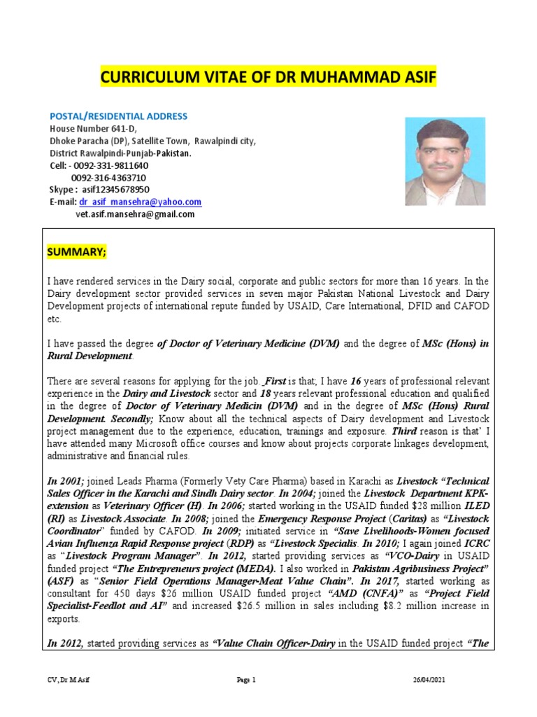 Curriculum Vitae of DR Muhammad Asif: Summary | PDF | Farms | Federally ...