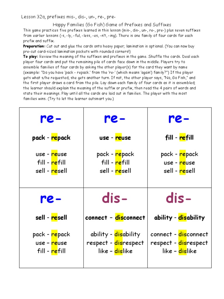 Lesson 32a, Prefix and Suffix Game, Happy Families | PDF | Card Games ...
