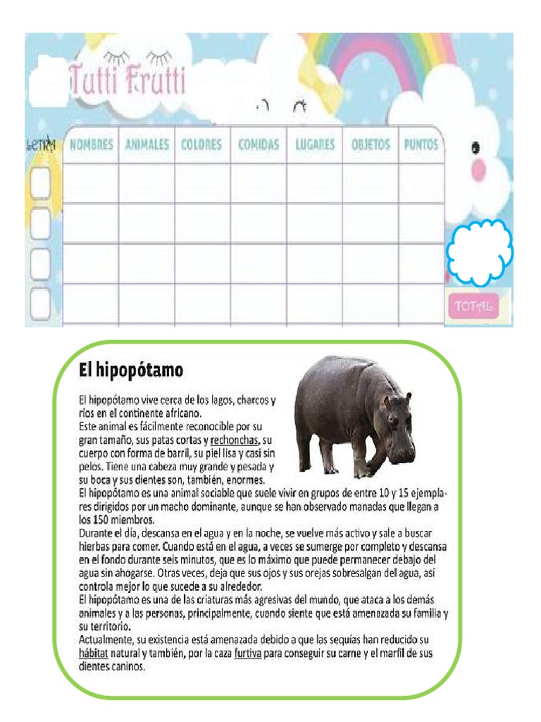 Historia Del Hipopotamo y Crucigrama | PDF