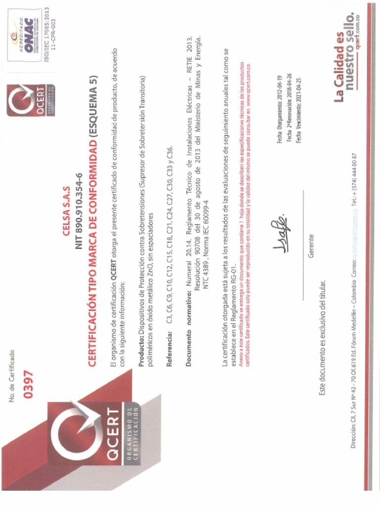 Certificado RETIE DPS | PDF