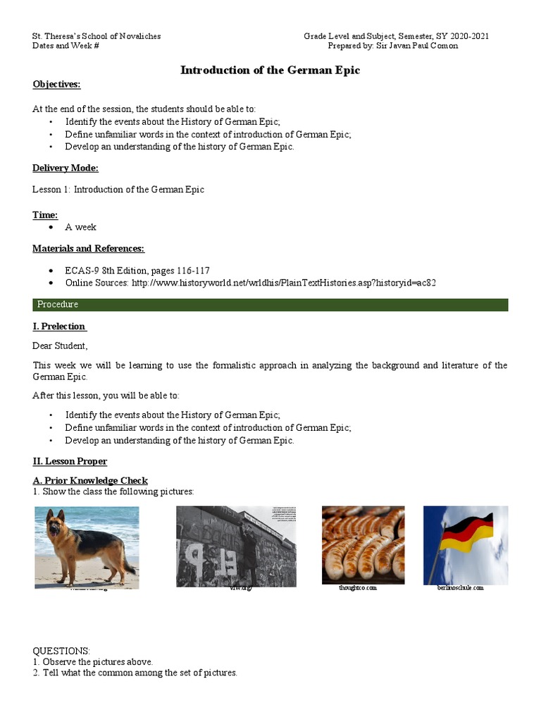 THE GERMAN EPIC Lesson Plan | PDF | Teaching | Communication