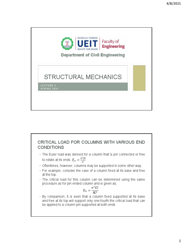 Structural Mechanics: Department of Civil Engineering | PDF | Buckling | Column