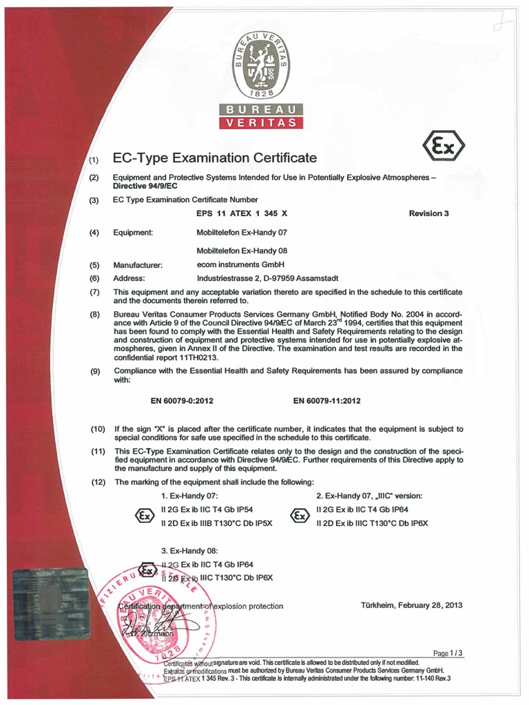 EC-Type Examination Certificate: Bureau Veritas | PDF | Electrical ...