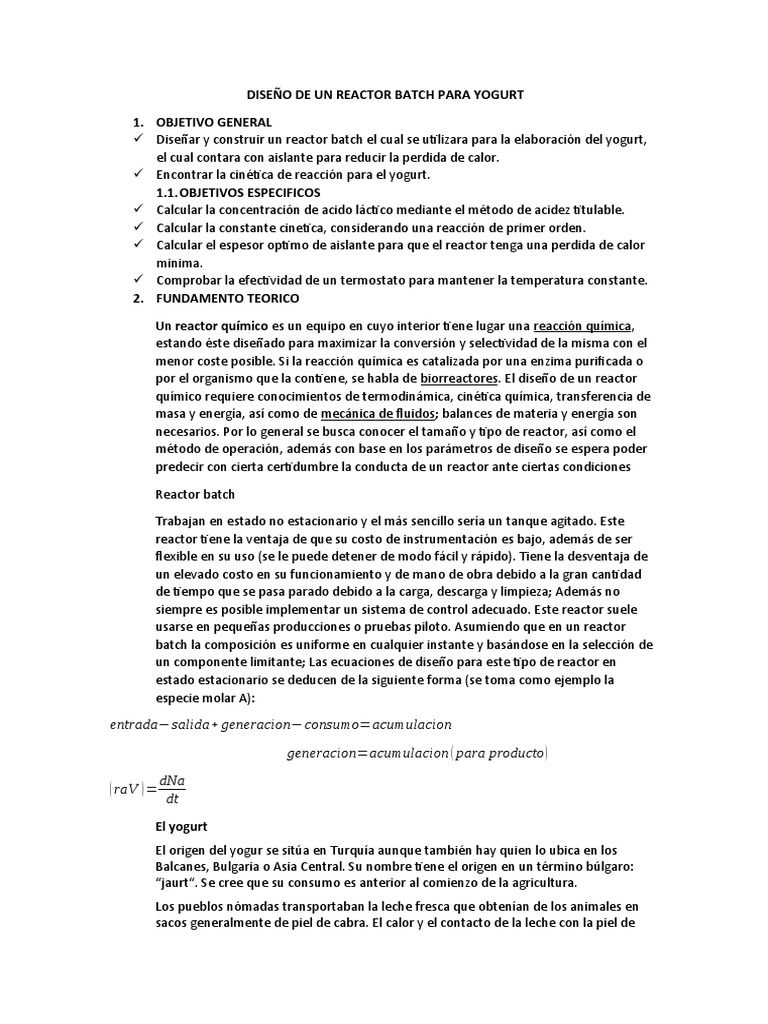 Diseño de Reactor Batch para Yogurt | PDF | Reactor Quimico | Yogur
