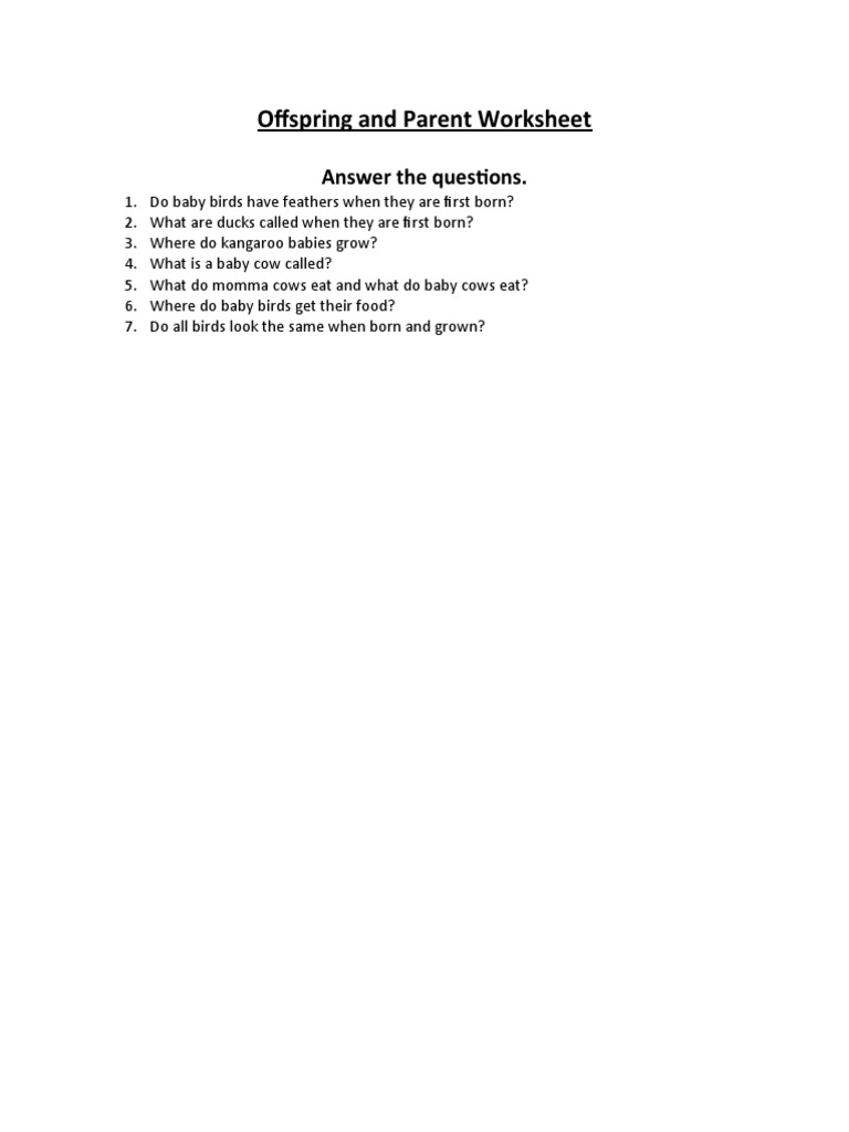 Offspring and Parent Worksheet: Answer The Questions | PDF | Wellness