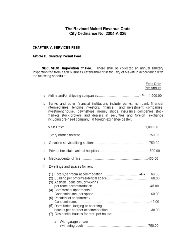 Schedule of Annual Sanitary Permit Fees for Various Business ...