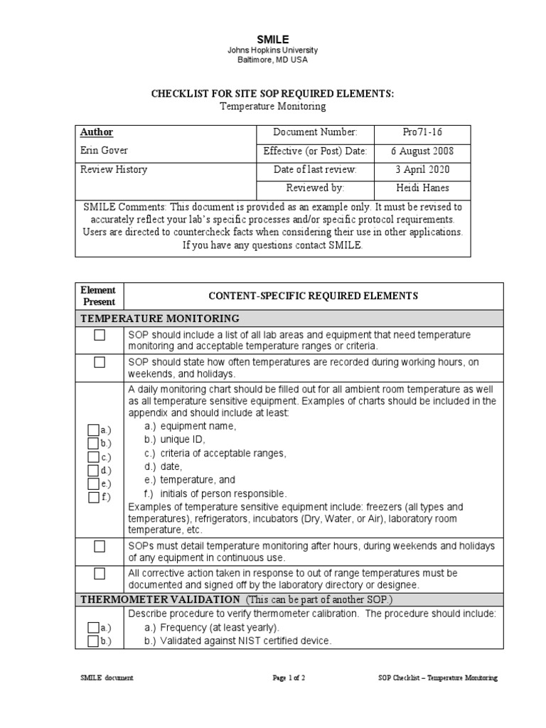 Smile: Checklist For Site Sop Required Elements | PDF | Thermometer ...