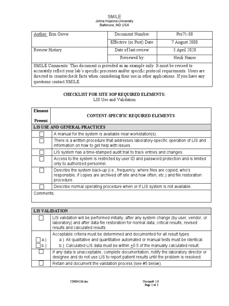 Checklist For Site Sop Required Elements: Johns Hopkins University ...